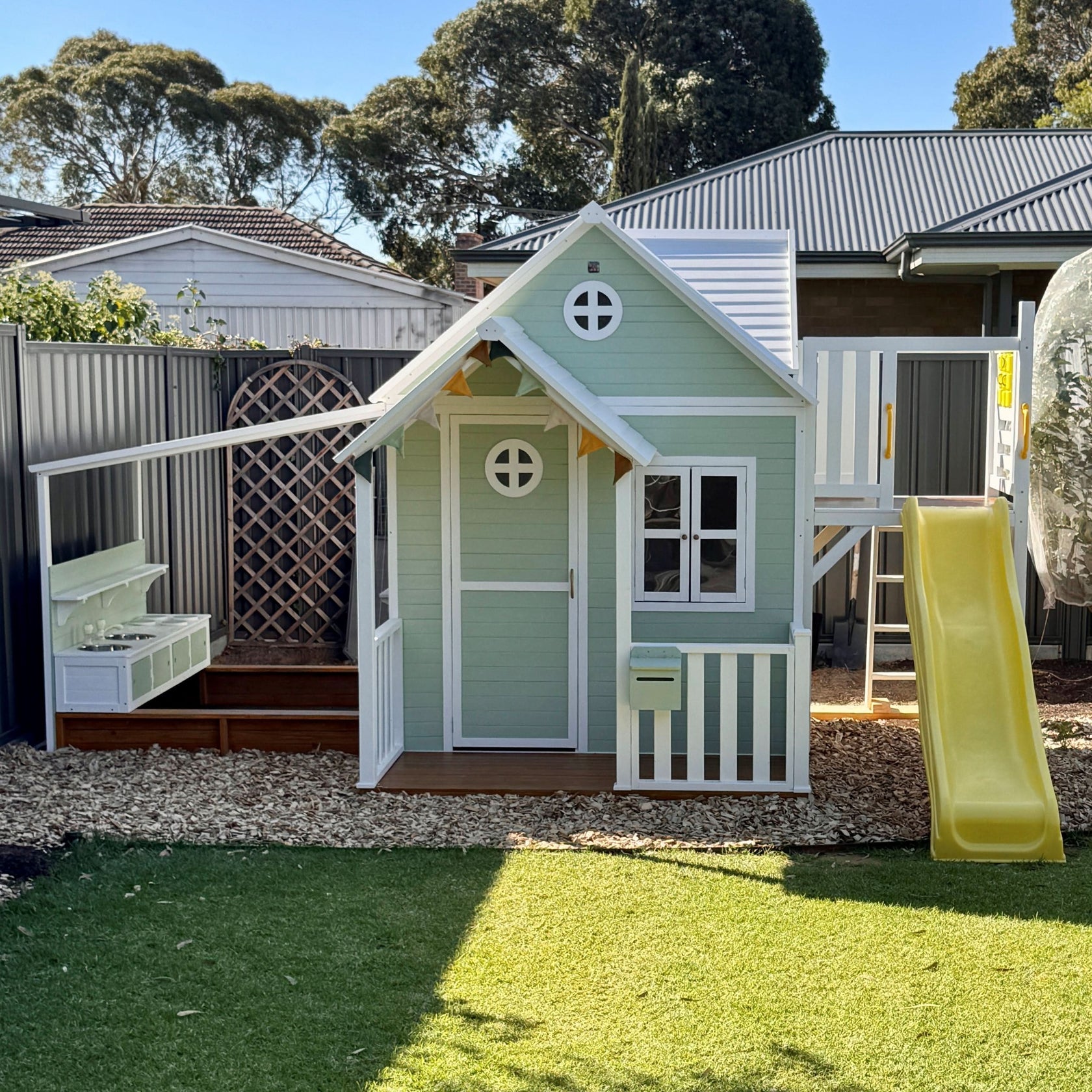 Buy The Jolly Shack Cubby House with Mud Kitchen & Swing Set - Kidzshack
